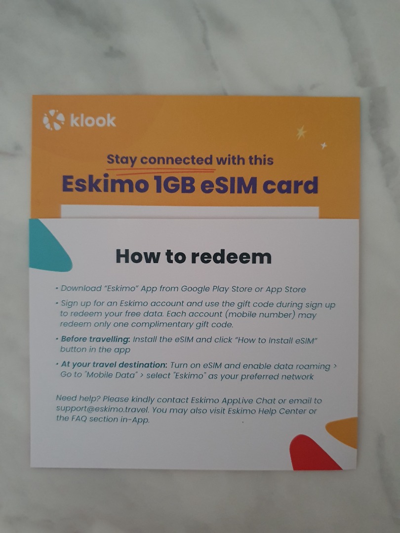 Eskimo 1GB eSIM Card Voucher, Tickets & Vouchers, Vouchers on Carousell