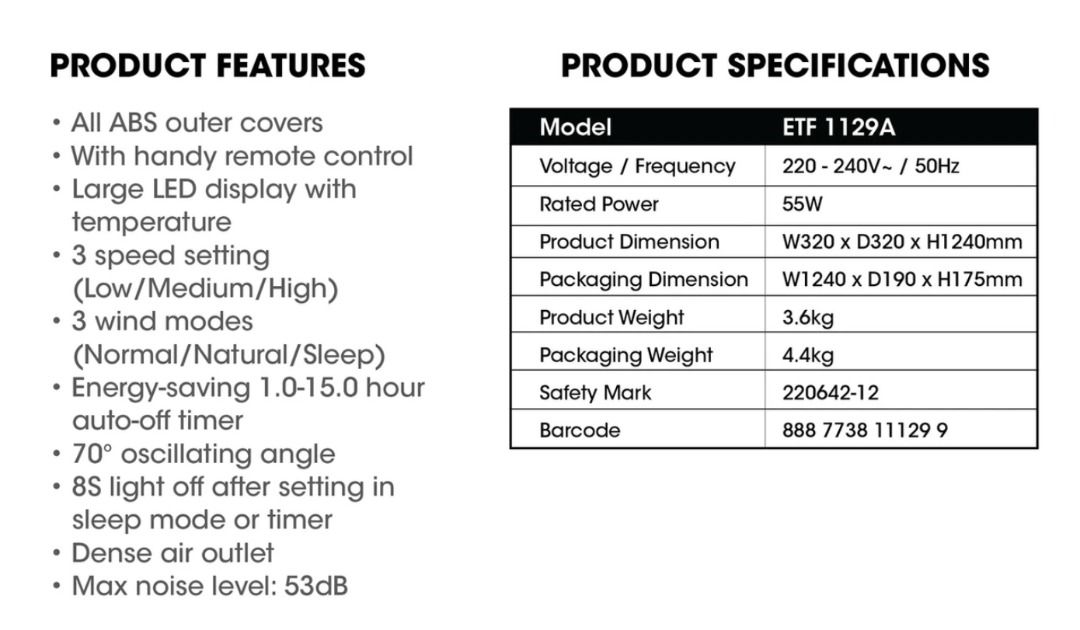 EuropAce 1.2m Tower Fan with Remote (ETF 1129A), Furniture & Home ...