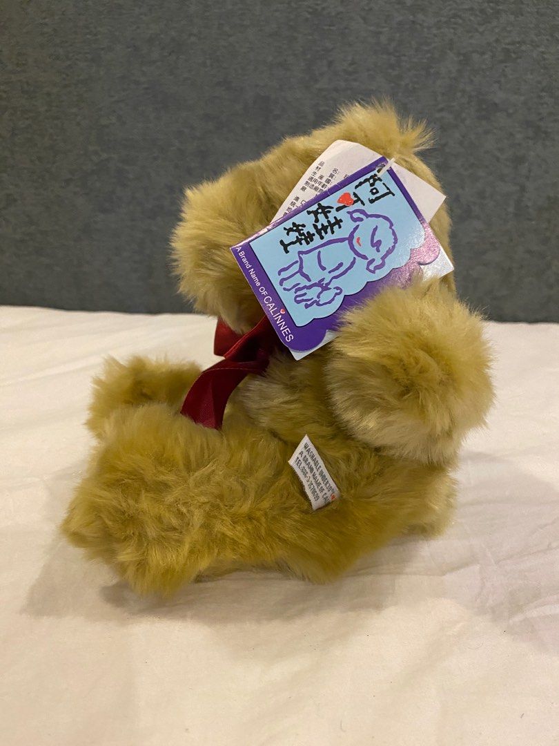 Golden brown furry bear with red ribbon plush toy, Hobbies & Toys, Toys ...