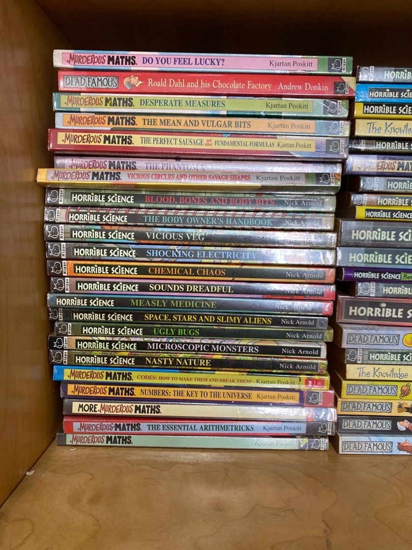 60-70 books: Horrible Science, Math. Geography, History etc, Hobbies ...