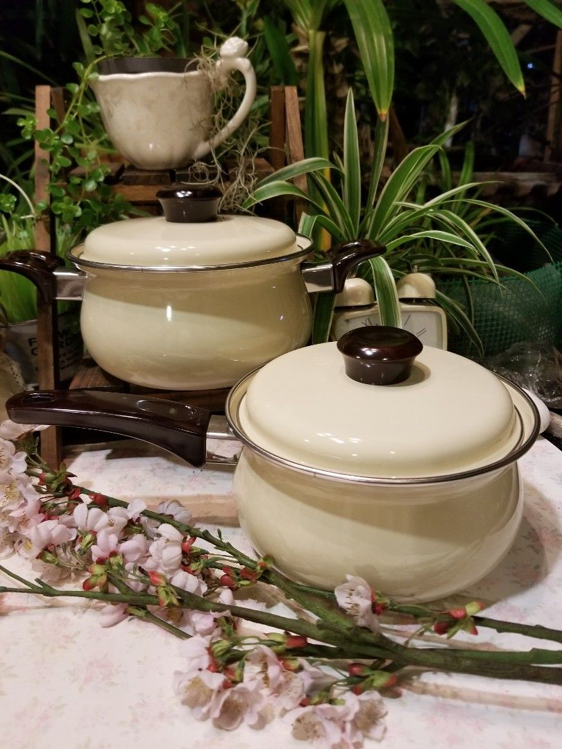 Japan Vintage Sanko ware yellow Enamel cooking pot x 2, Furniture ...