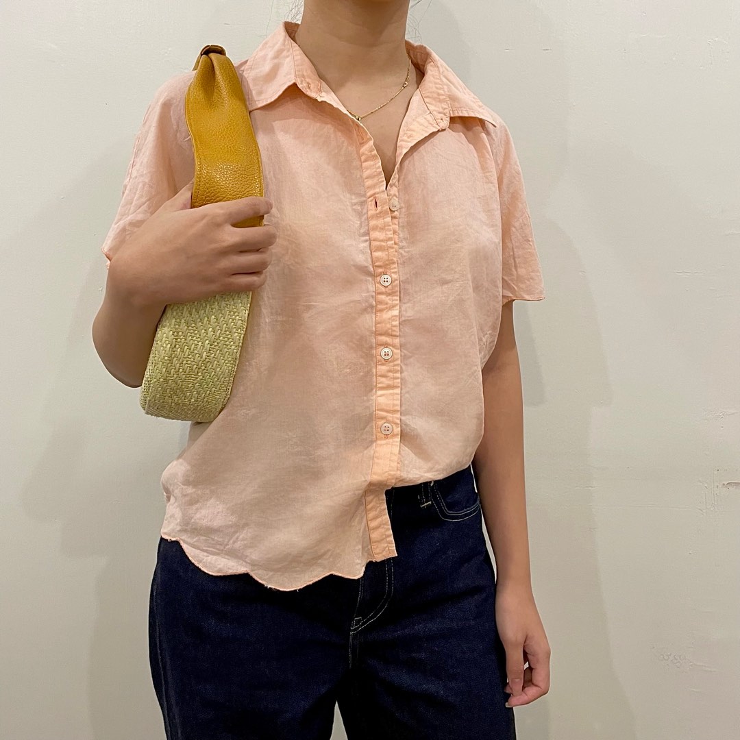 Mango Scallop Cut Button Down in Peach, Women's Fashion, Tops, Blouses ...