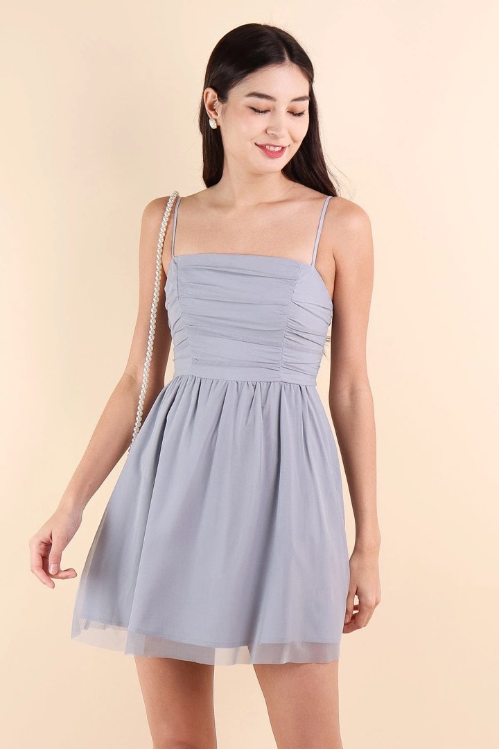 PAISLEY RUCHED MESH ROMPER DRESS IN DUSTY BLUE, Women's Fashion ...