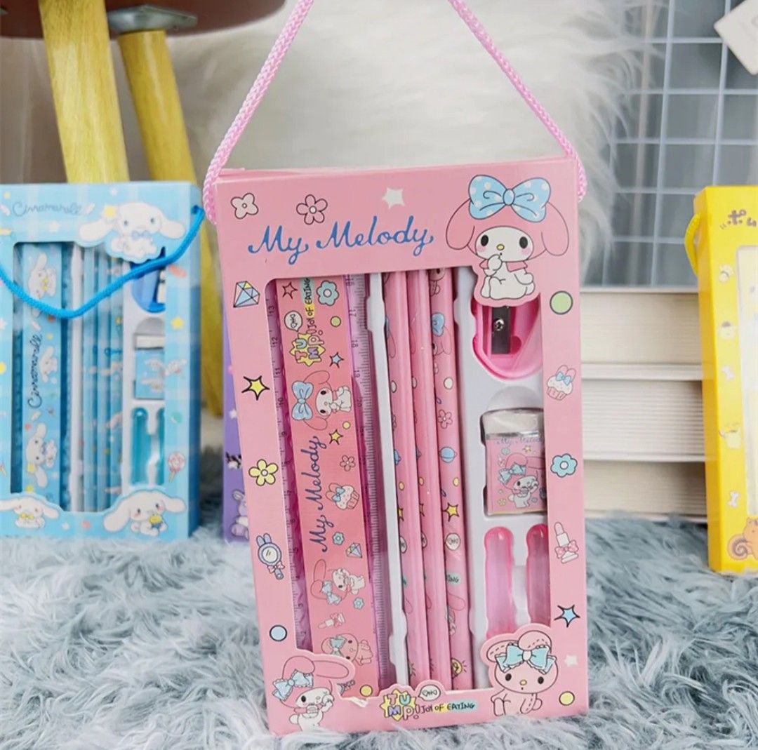 Sanrio stationery set cinnamoroll melody kuromi (8pcs set), Hobbies ...