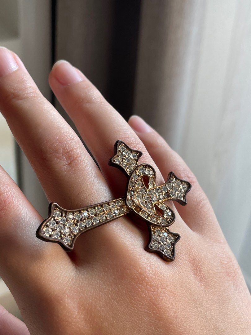 Vintage Y2K Diamonds Cross Salib Ring Rings Cincin Korea, Fesyen Wanita ...