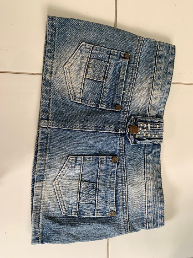 y2k low waist cyber rhinestones mini micro denim skirt, Women's Fashion ...