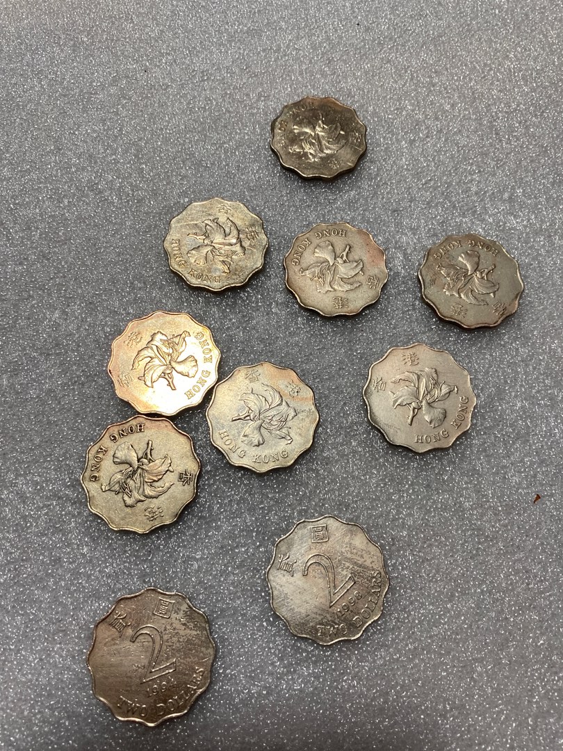 香港2元 貳圓錢幣 HONG KONG coin AU 1993年3枚、1994年3枚、1997年3枚、1998年1枚共十枚, 書籍、休閒與 ...