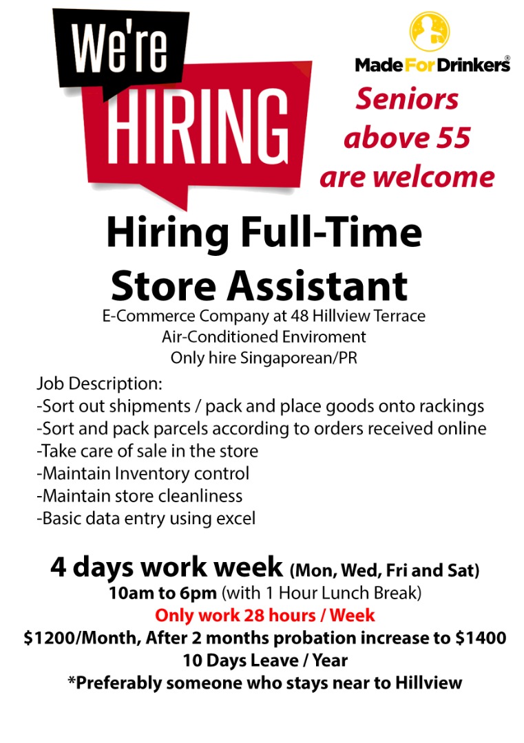 Full-Time Store Assistant (We welcome Seniors above 55!), Jobs, Sales ...