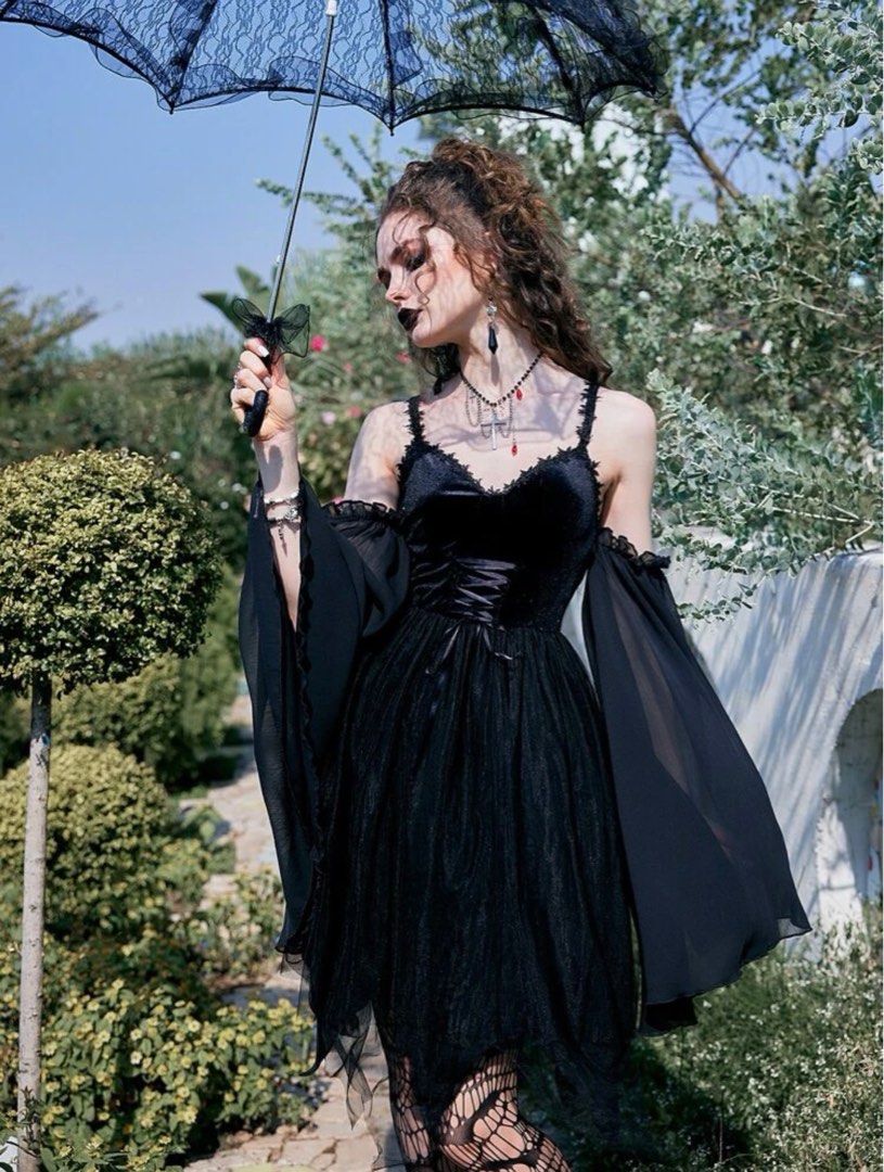 Goth Lace Up Mesh Overlay Dress, Women's Fashion, Dresses & Sets ...
