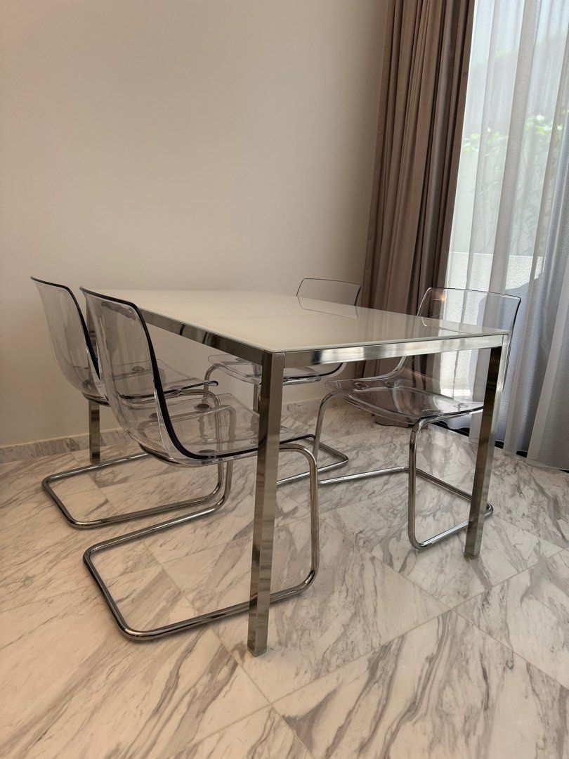 IKEA Torsby Dining Table with 4 Tobias transparent chairs, Furniture ...