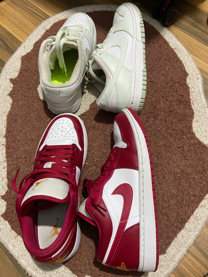 Jordan 1 Low Cardinal Red & Dunk Low Mint Green, Men's Fashion ...