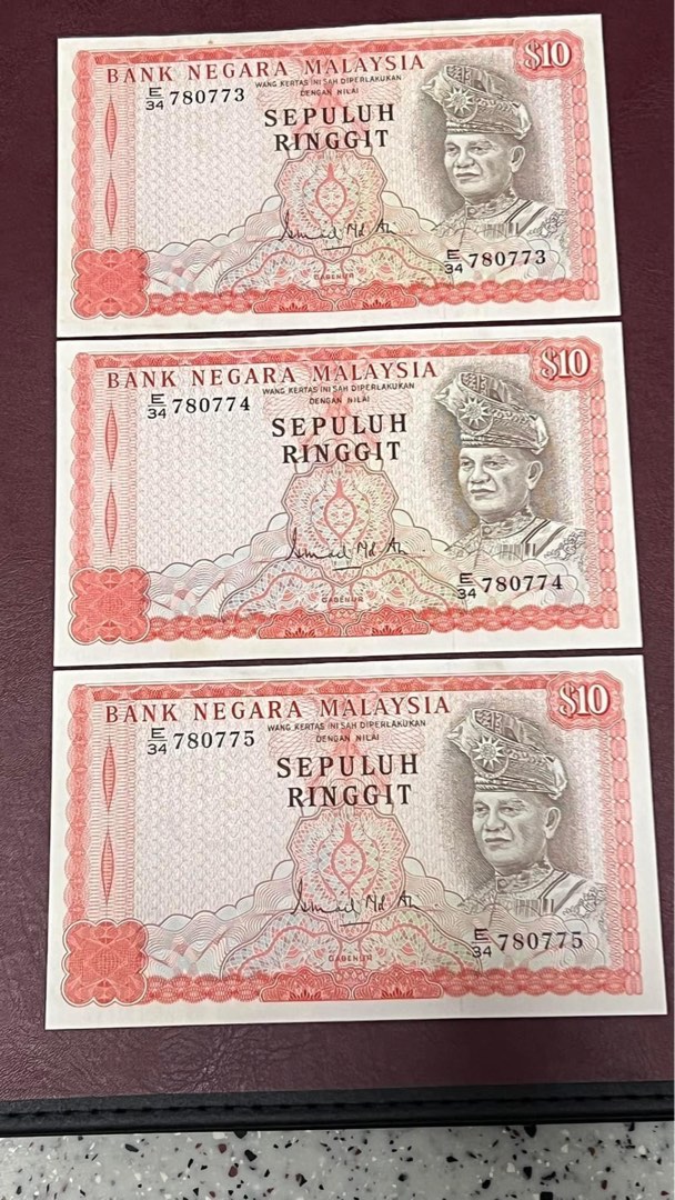 MALAYSIA 10 RINGGIT 3 PIECES IN RUNNING NUMBERS - AUNC CONDITION ...