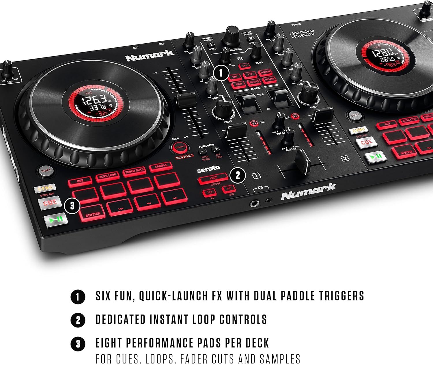 Numark Mixtrack Platinum FX - DJ Controller For Serato DJ with 4 Deck Control, DJ Mixer, Built ...