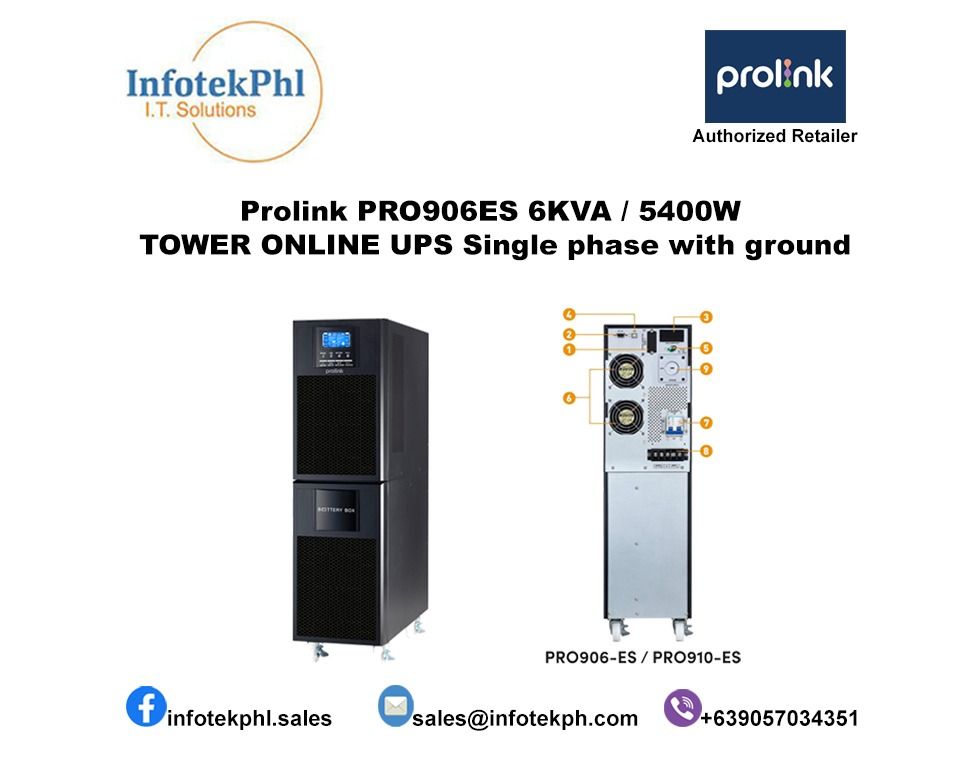 Prolink PRO906ES 6KVA / 5400W TOWER ONLINE UPS Single phase with ground ...