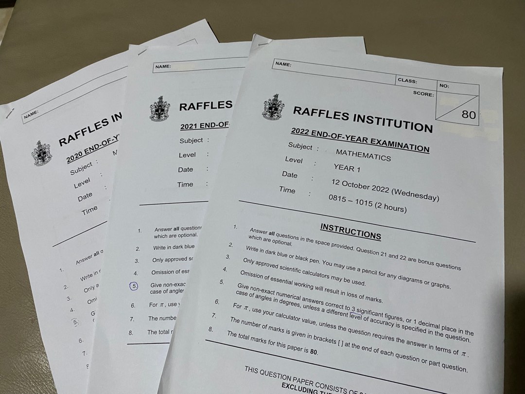 RI Raffles Past Year 1 (Sec1) Math End of year exams 2022/2021/2020 ...