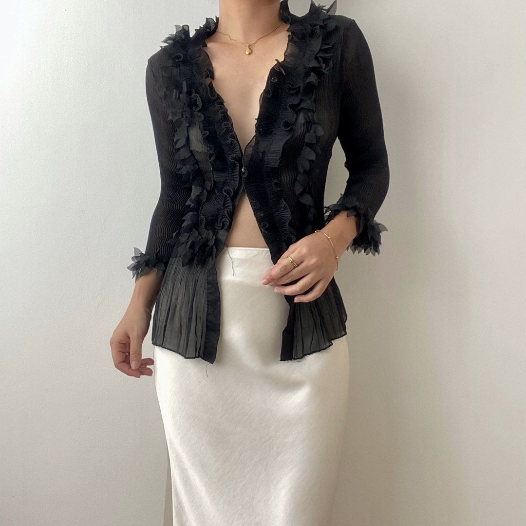 ruffle-pleated sheer top, Women's Fashion, Tops, Longsleeves on Carousell