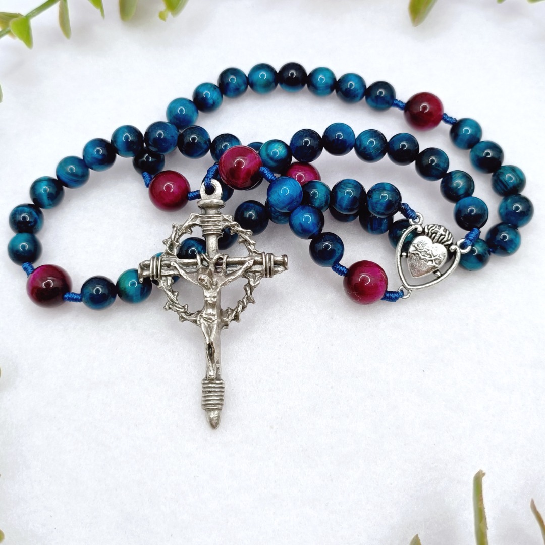 Sacred Heart of Jesus Rosary with Blue Tiger Eye, Rose Red Tiger Eye ...