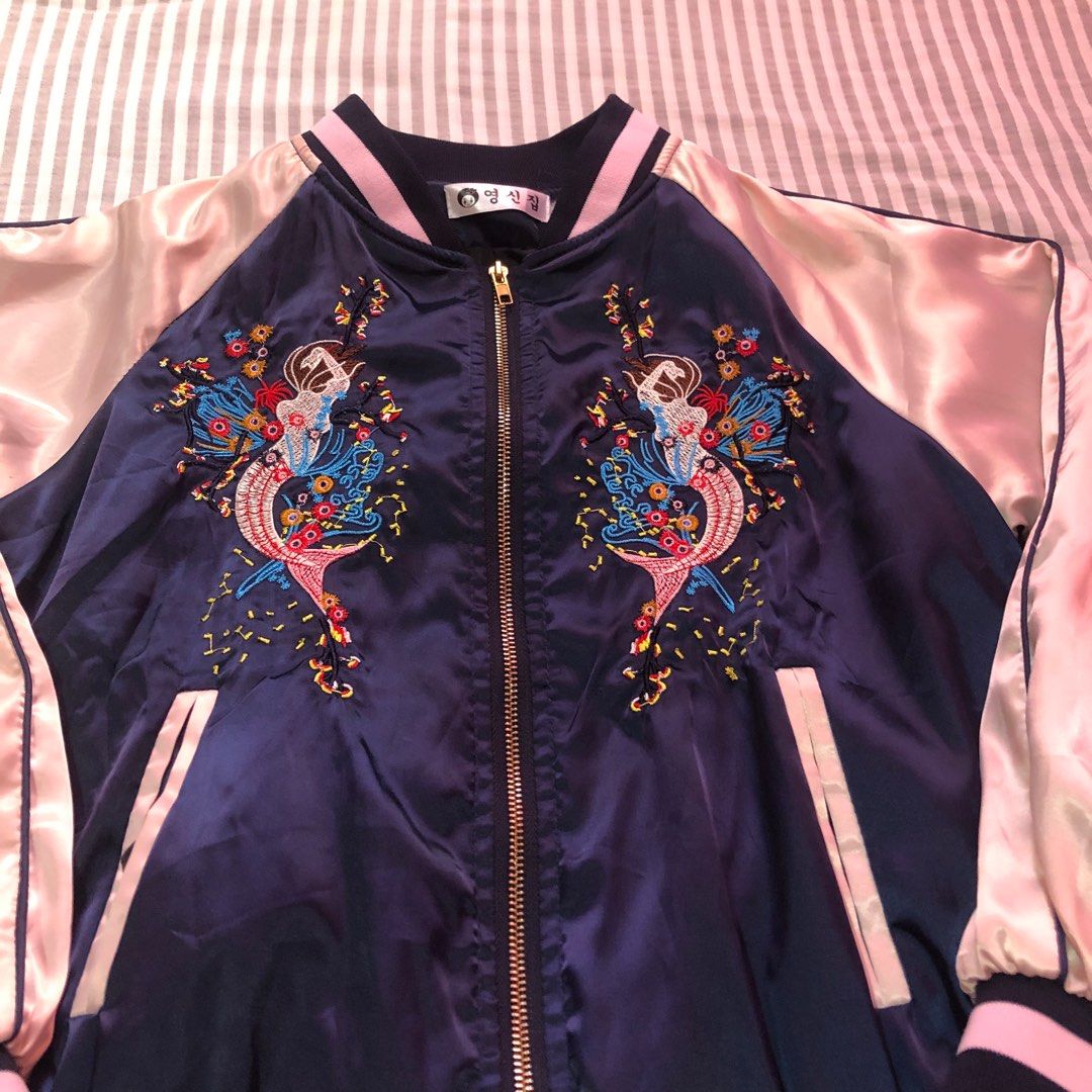 Satin bomber jacket with embroidery, Women's Fashion, Coats, Jackets ...
