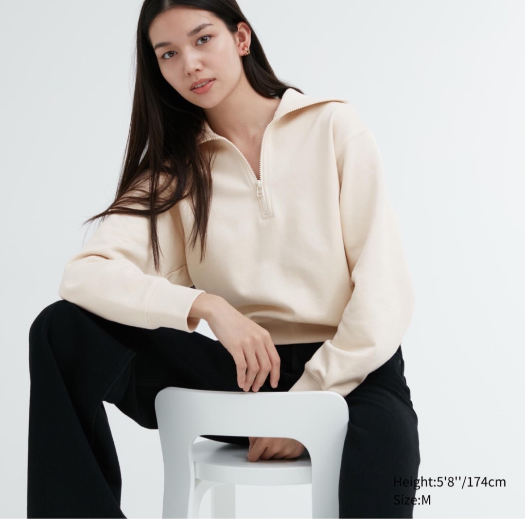 UNIQLO Half Zip Sweatshirt in Off White, Women's Fashion, Coats ...