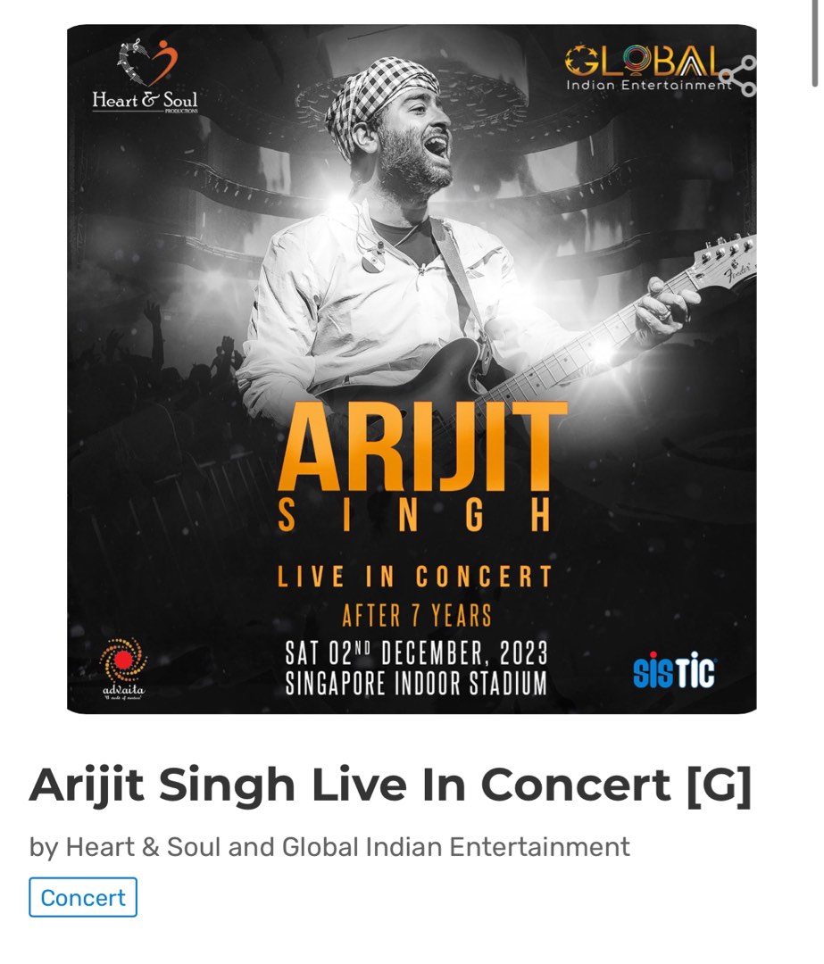 Arijit Singh Concert (Silver), Tickets & Vouchers, Event Tickets on ...