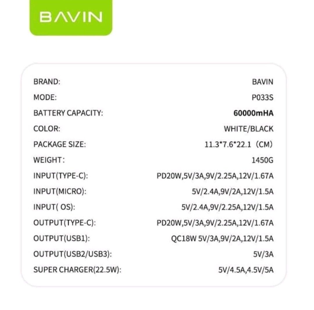 Bavin 60kmAh Fast Charging Powerbank, Mobile Phones & Gadgets, Mobile & Gadget Accessories ...