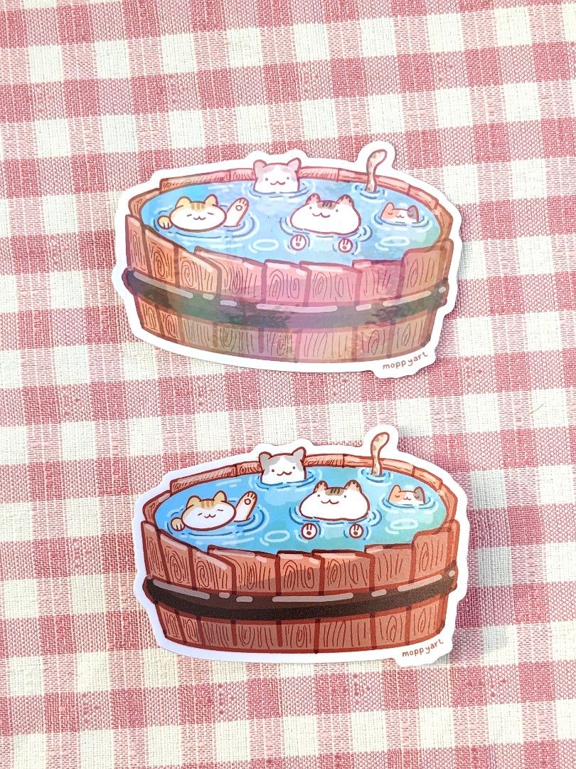 Cat Onsen Holographic and Matte Waterproof Sticker, Hobbies & Toys ...