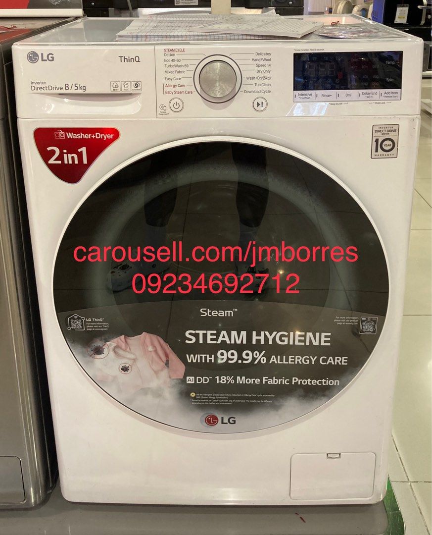 lg 8kg / 5kg front load washer and dryer 100% dry inverter combo 2in1 fv1208d4w, TV & Home ...