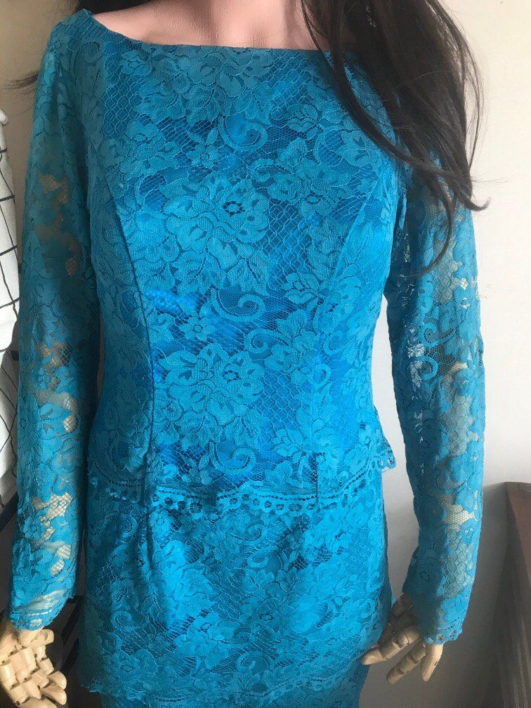longdress brokat biru, Fesyen Wanita, Muslim Fashion, Gaun di Carousell