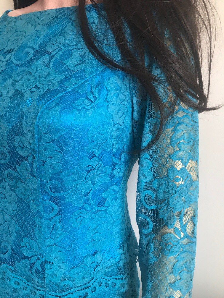 longdress brokat biru, Fesyen Wanita, Muslim Fashion, Gaun di Carousell