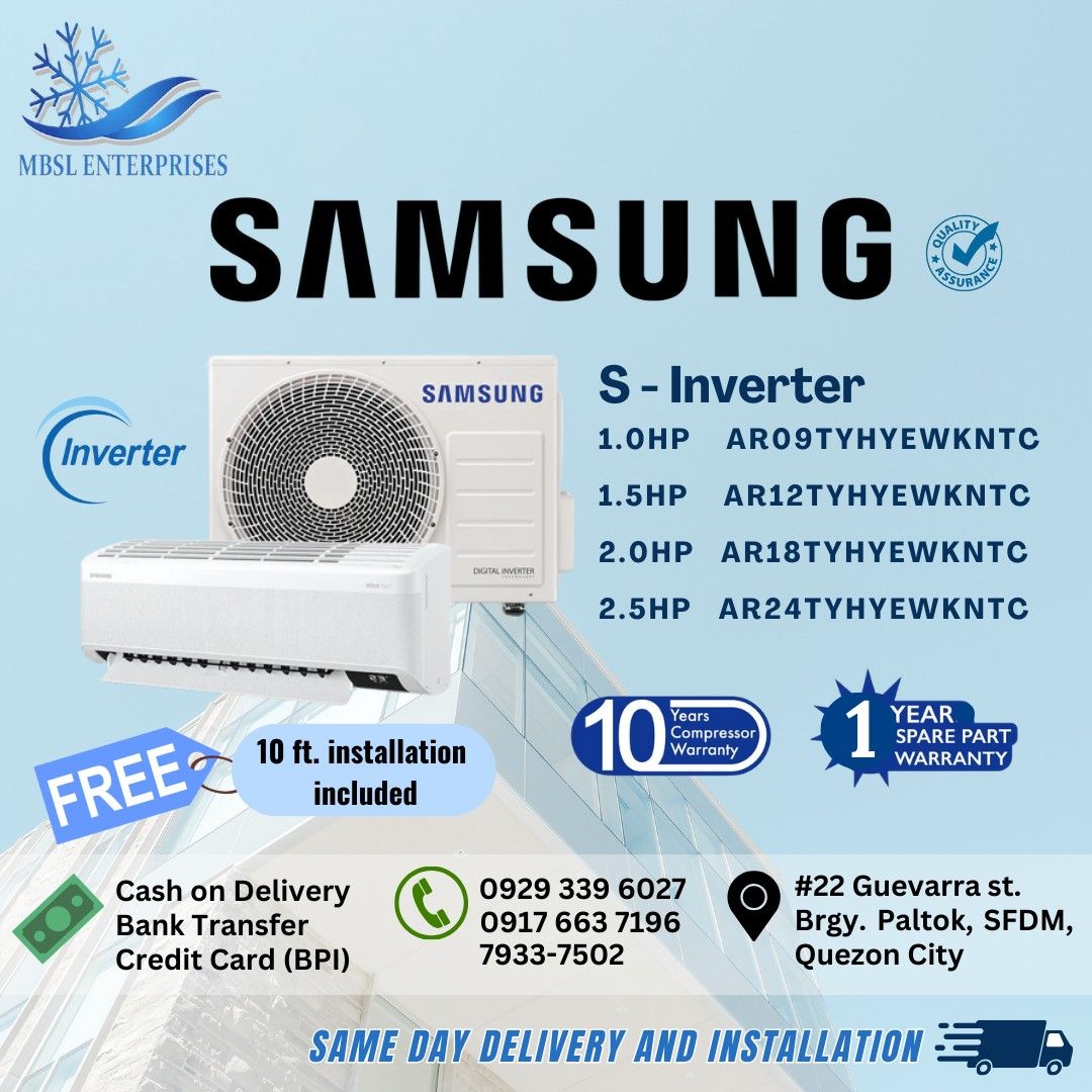 SAMSUNG STANDARD INVERTER SPLIT TYPE AIRCON WITH FREE INSTALLATION, TV ...