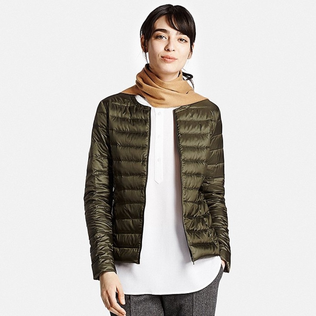 UNIQLO Ultra Light Down Collarless Jacket Puffer Puff Olive Green Size ...