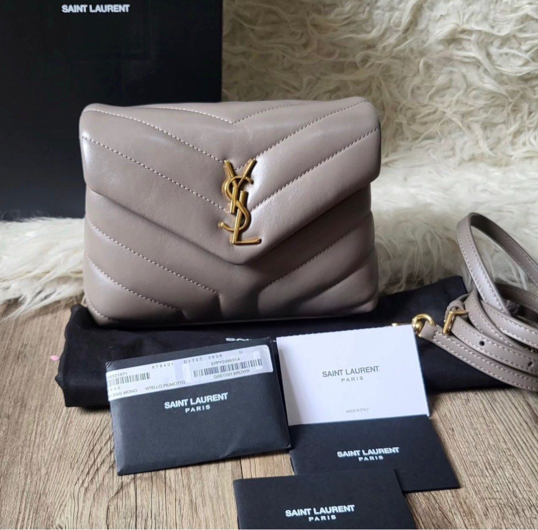 VGC Ysl Toy Loulou Crossbody Bag greyish brown 2022, Barang Mewah, Tas ...