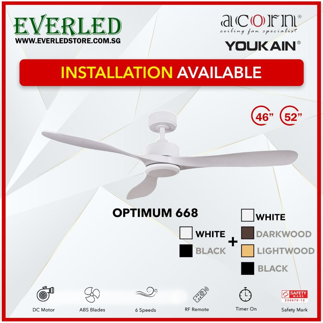 Acorn DC Ceiling Fan Youkain *SMART* Optimum 668 46"/ 52" (No LED ...