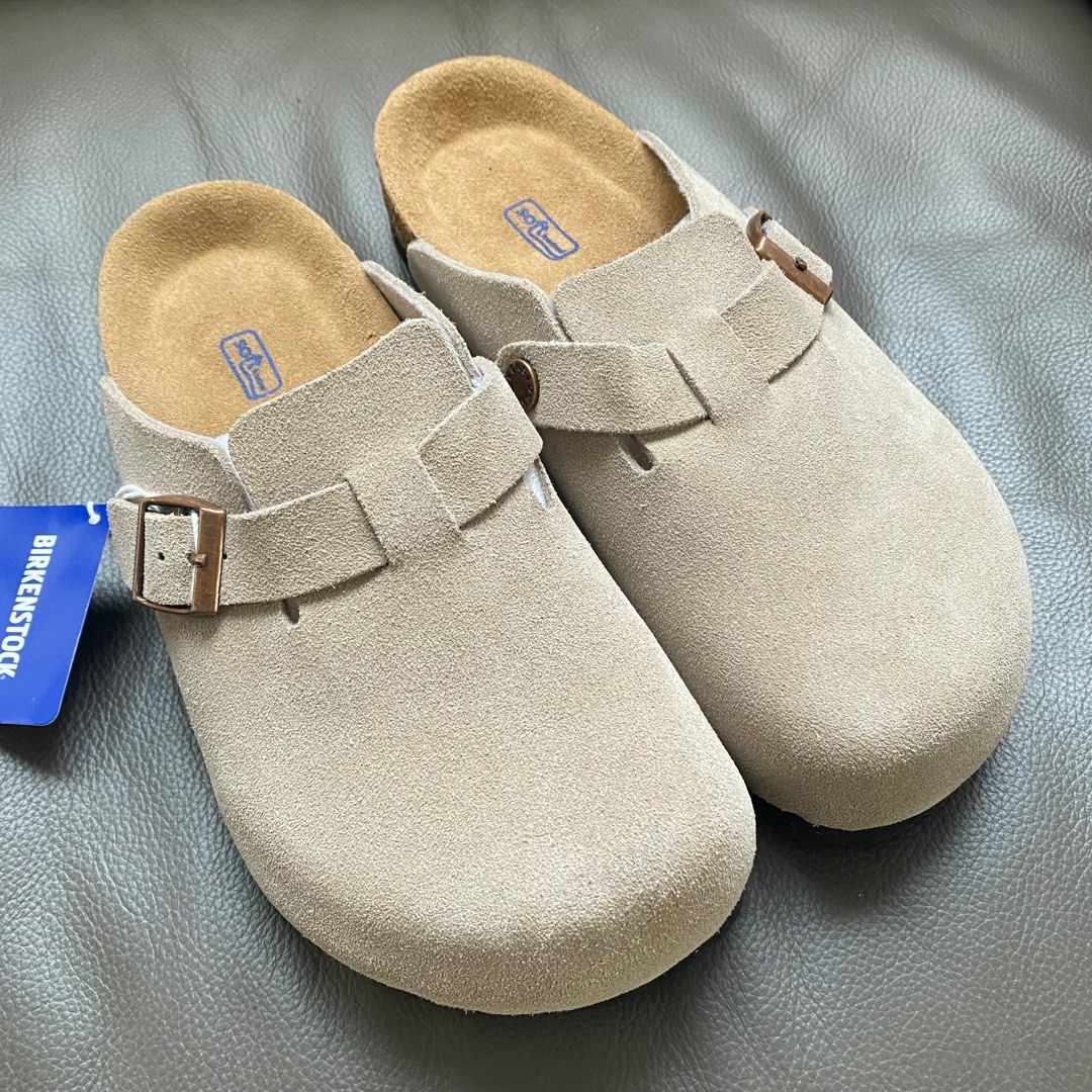 Birkenstock Boston Light Gray Taupe Suede Clogs (Soft footbed), Women's ...