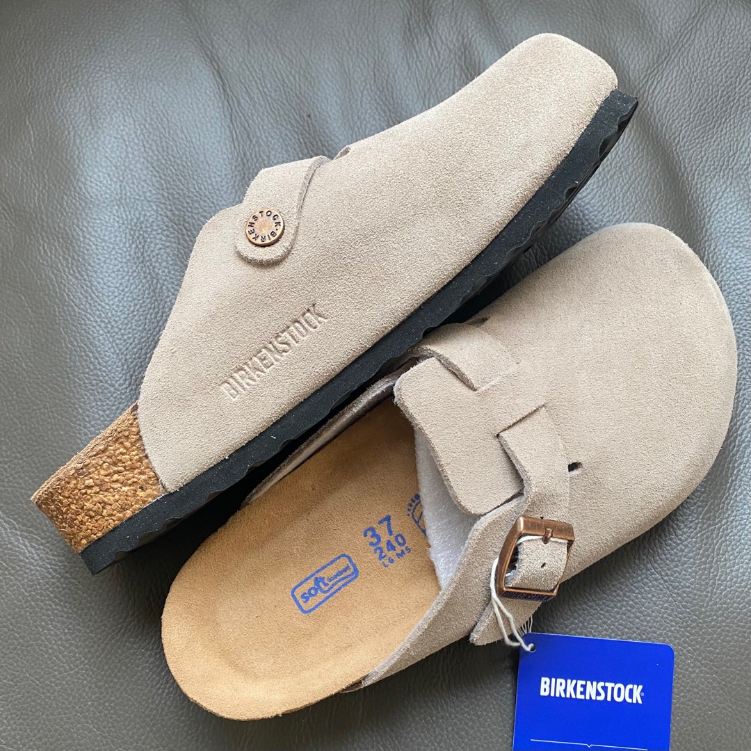 Birkenstock Boston Light Gray Taupe Suede Clogs (Soft footbed), Women's ...