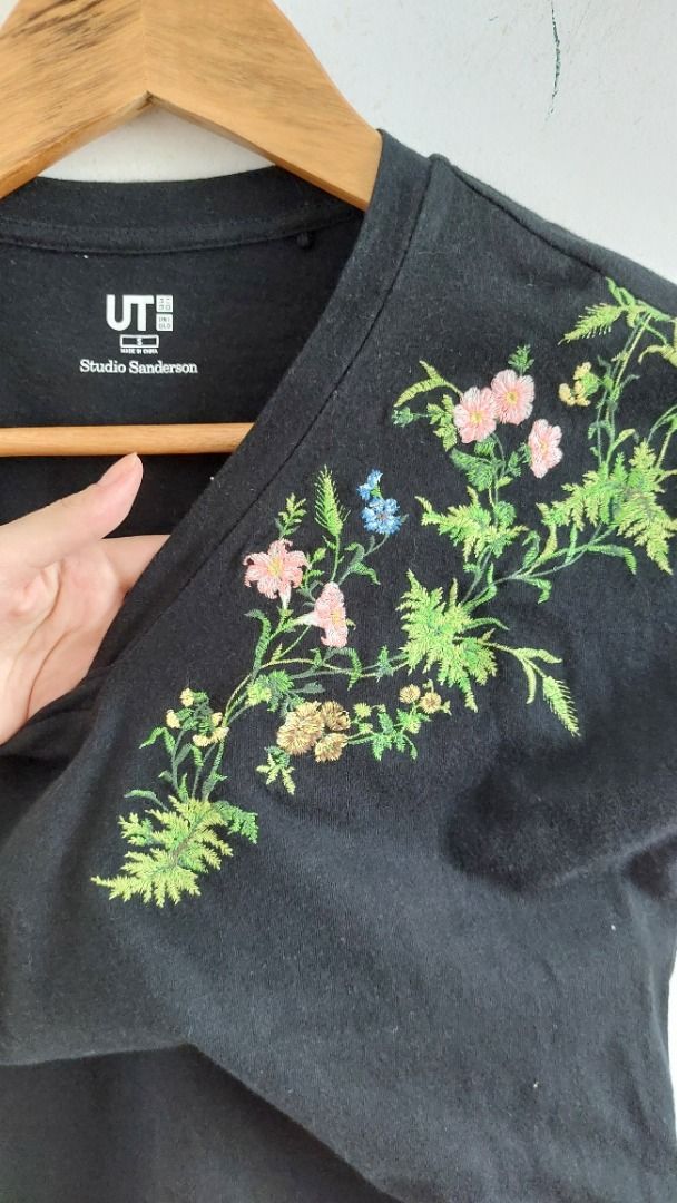 Black Uniqlo V-neck Shirt w/ Embroidery, Women's Fashion, Tops, Shirts ...