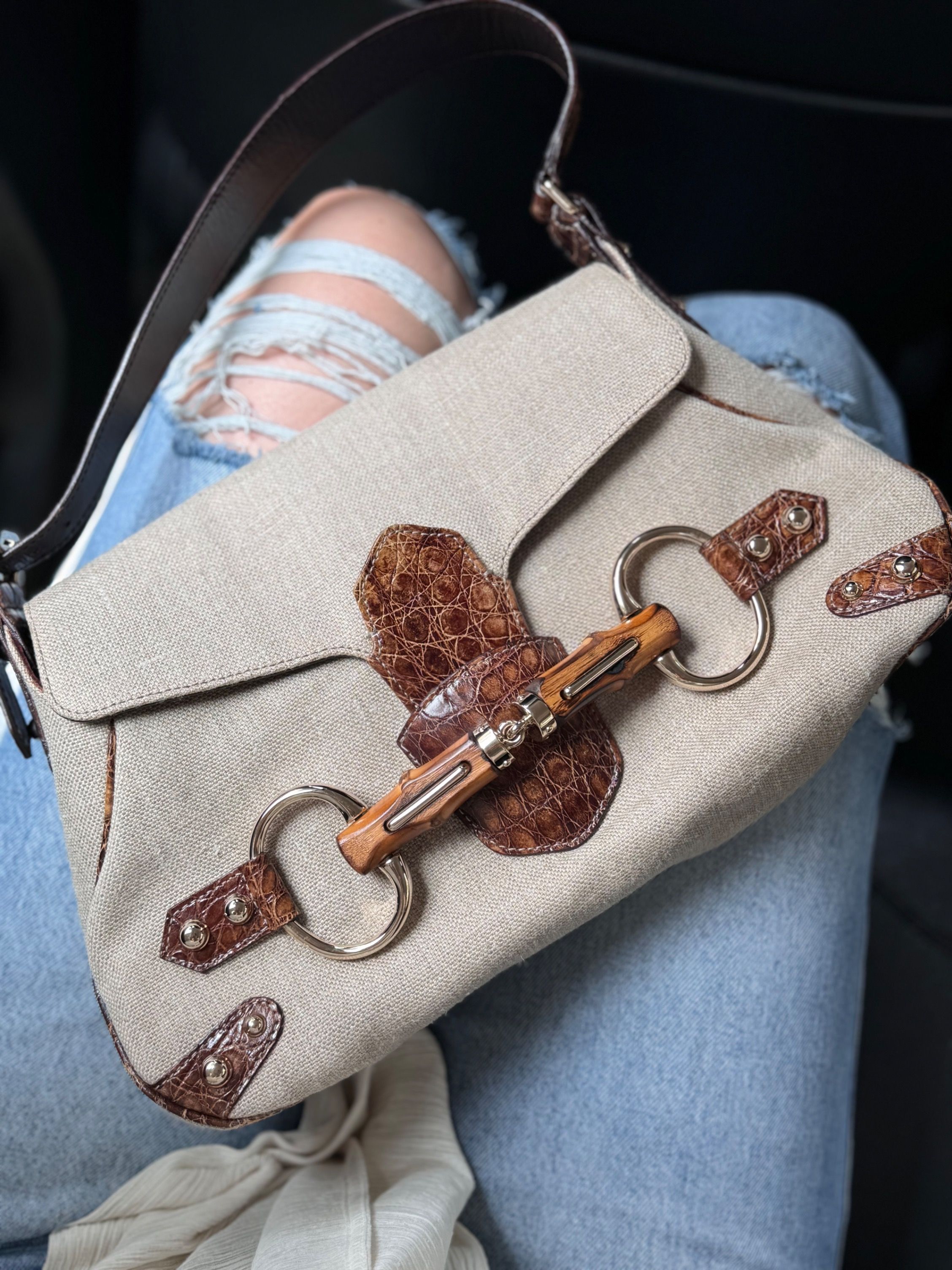 Gucci Horsebit Croco + Canvas, Luxury, Bags & Wallets on Carousell