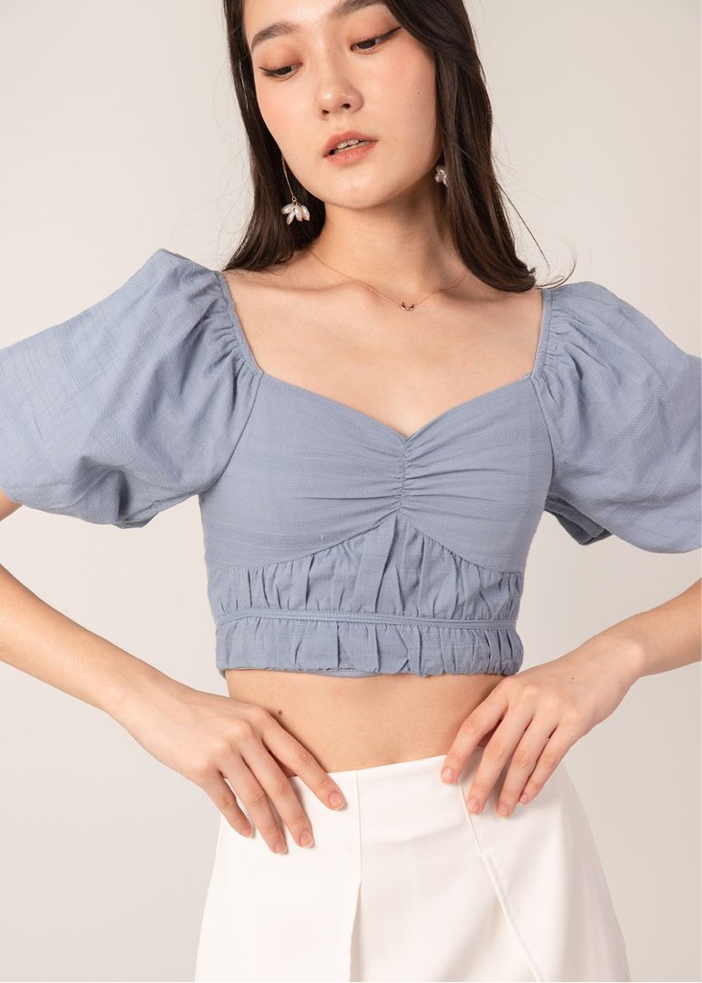 Heart Locked Ruched Puffy Top In Disney Blue, Women's Fashion, Tops ...