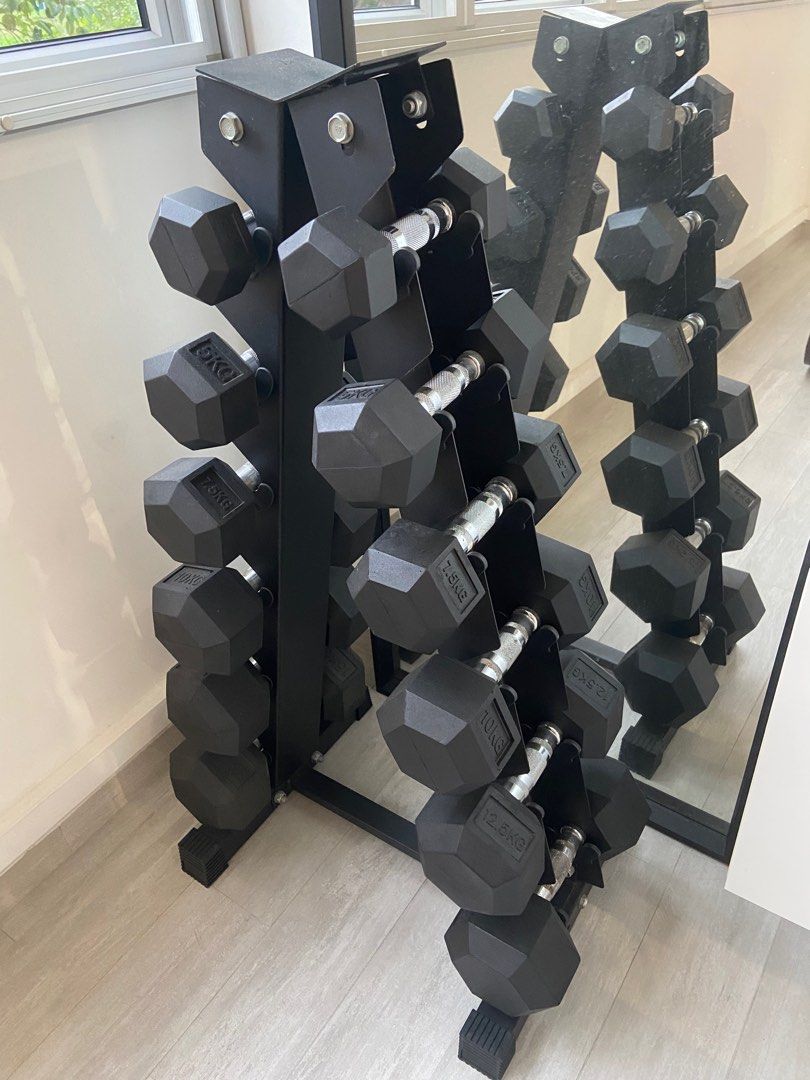 Hexagon Dumbbell Set with Rack 7 Pairs of Rubber Dumbbells, Sports ...