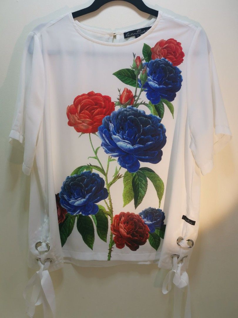 KAMISETA white side ribbon bow blouse RED BLUE ROSES ayesha series ...