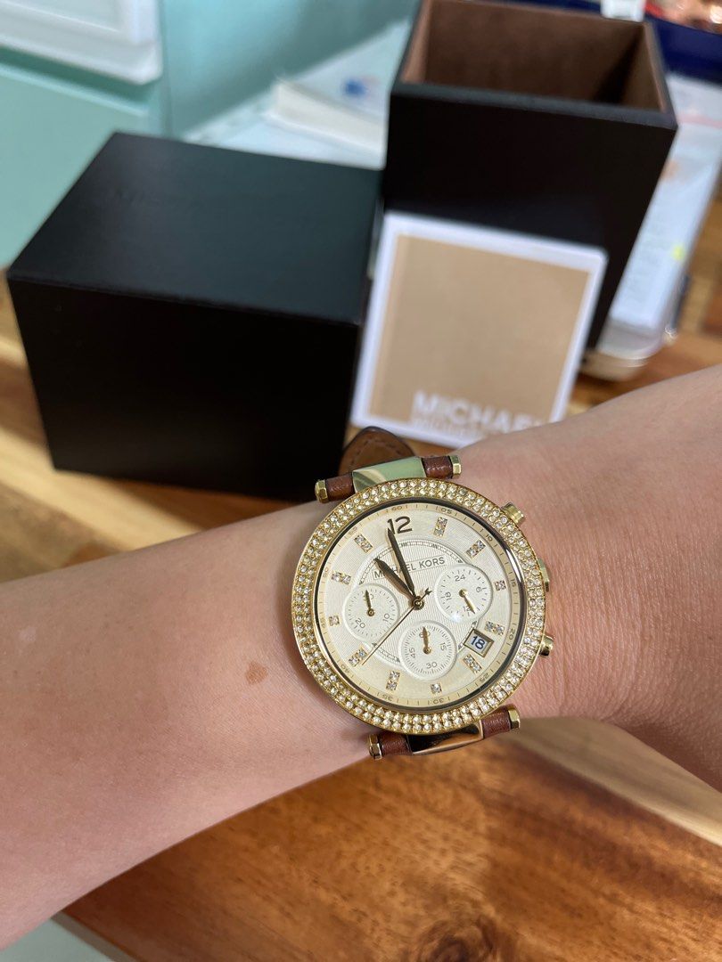 Michael Kors Chronograph Gold Dial Brown Leather Ladies Watch MK2249 ...