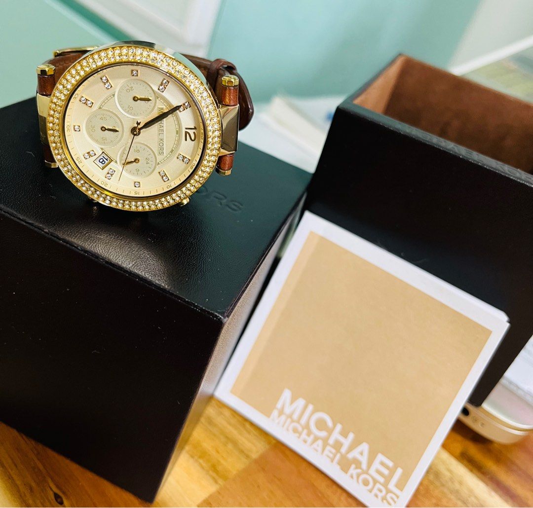 Michael Kors Chronograph Gold Dial Brown Leather Ladies Watch MK2249 ...