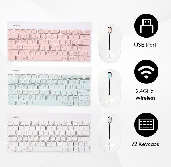 MINISO Set Mouse dan Keyboard Wireless USB (Pink), Elektronik, Bagian ...