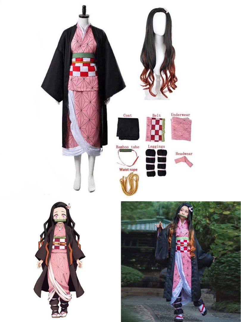 Nezuko Cosplay Demon Slayer Kimetsu No Yaiba Costume Wig Set, Women's ...