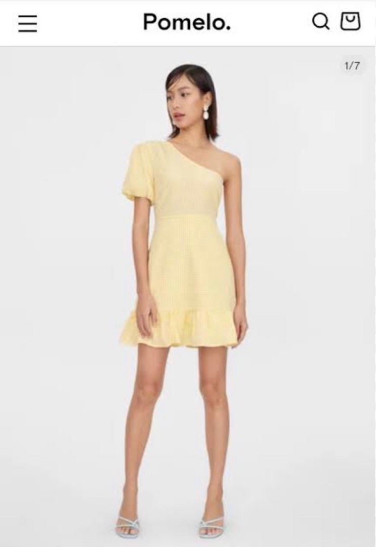 Pomelo Fashion One Shoulder Puff Sleeve Gingham Dress- Yellow, Women's ...