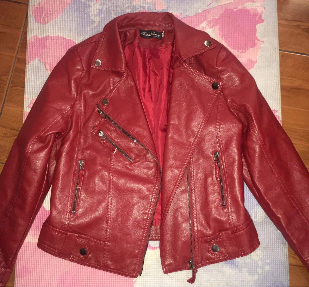 RARE RED LEATHER JACKET (FAUX), Women's Fashion, Coats, Jackets and ...