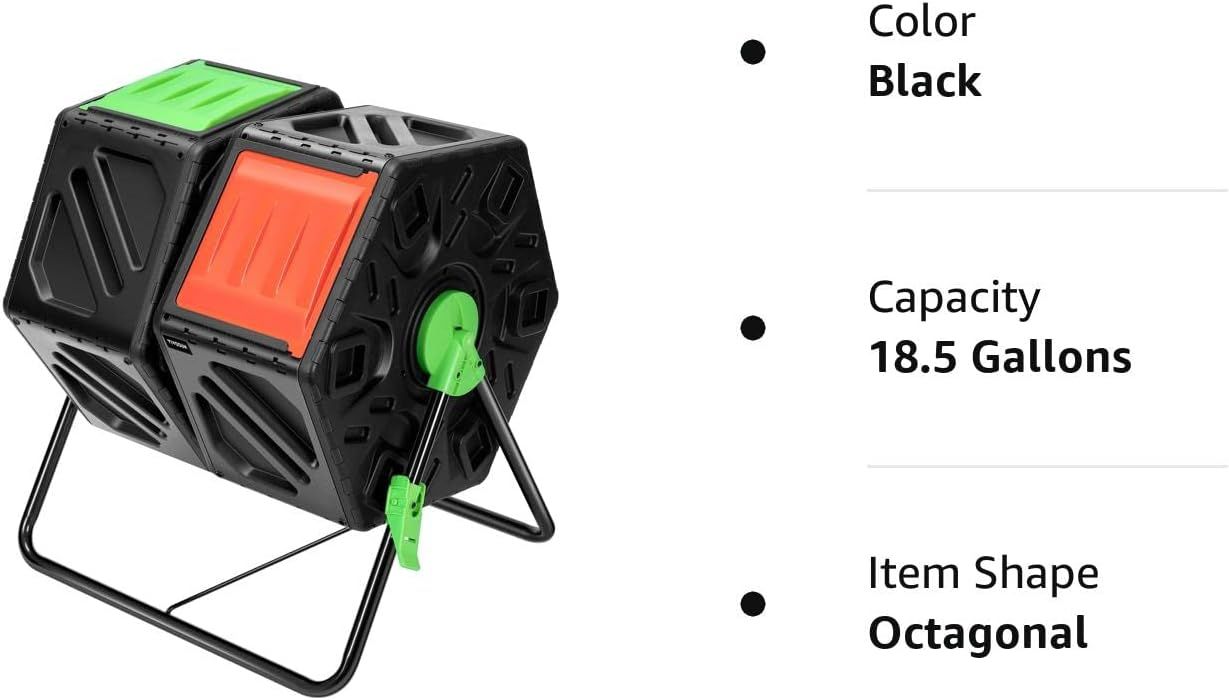 VIVOSUN Dual Chamber Tumbling Composter, 2X 18.5 Gallon Compost Bin ...