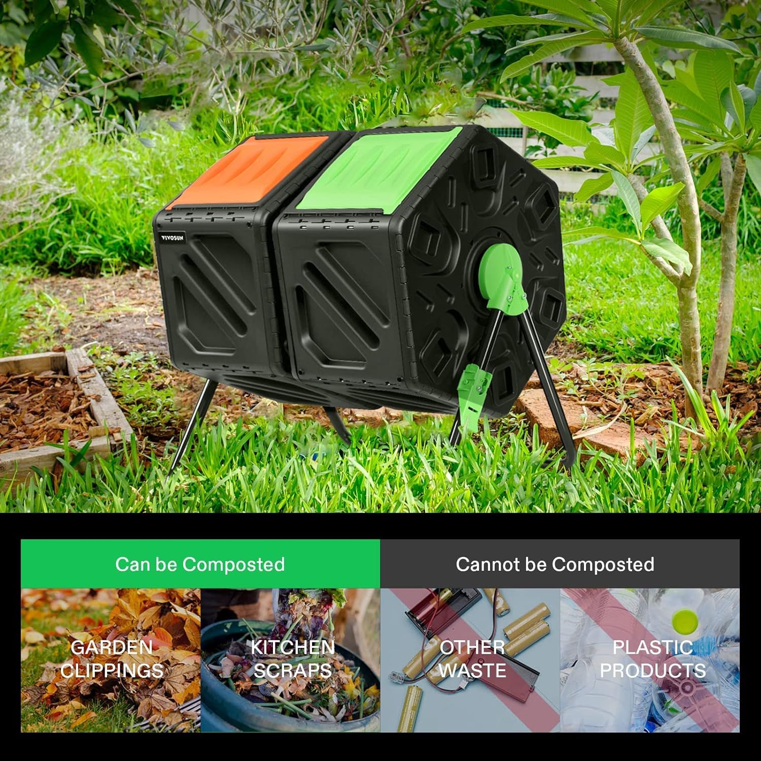 VIVOSUN Dual Chamber Tumbling Composter, 2X 18.5 Gallon Compost Bin ...