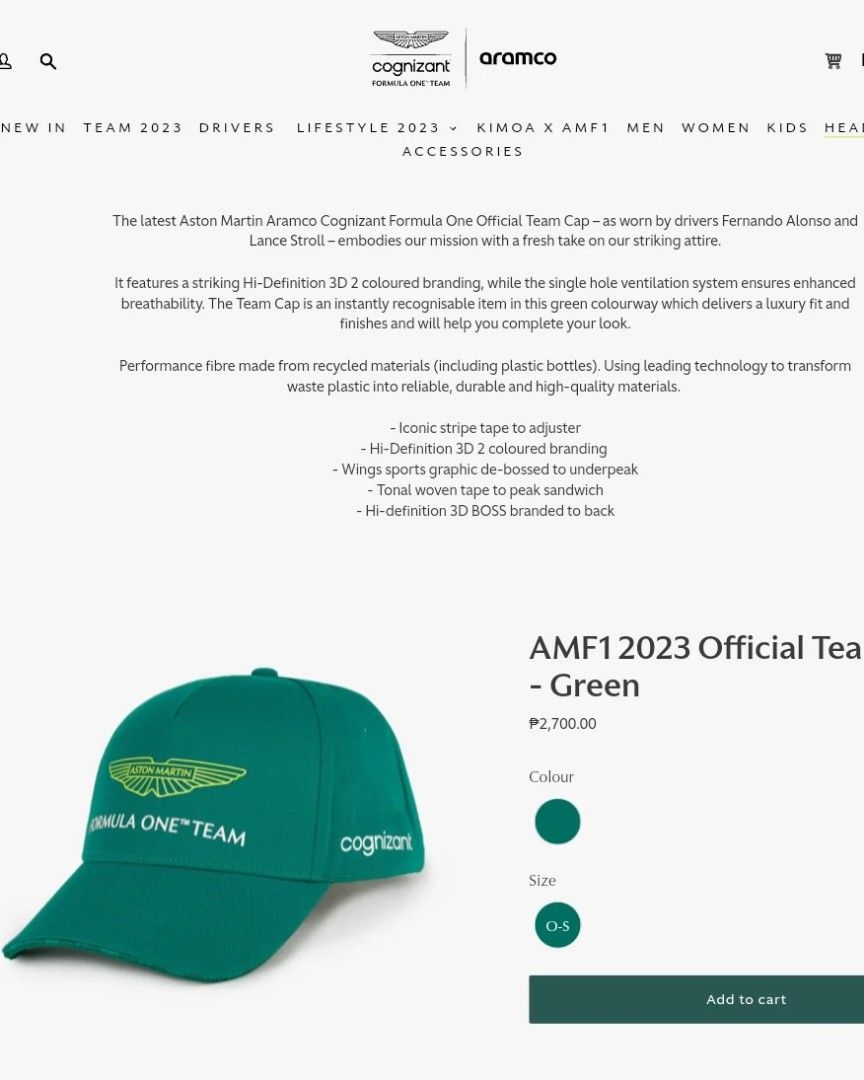 AMF1 2023 green official team curved cap/hat by Aston Martin x ...