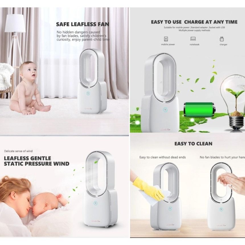 Bladeless Fan Table & Bedside Fan No Blade Fan Portable with Ambient ...